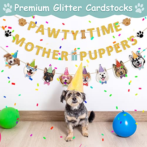 3 Pieces Let's Pawty Banner Dog Birthday Party Supplies Gold Glitter Mother Puppers Pawty Time Dog Banners for Dog Birthday Party Decorations