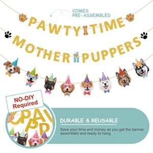 3 Pieces Let's Pawty Banner Dog Birthday Party Supplies Gold Glitter Mother Puppers Pawty Time Dog Banners for Dog Birthday Party Decorations