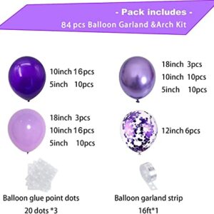 Purple Balloons Garland Arch Kit, Metallic Purple Balloons Arch 18'' 12'' 10'' 5'', Purple Confetti Balloons for Birthday Baby Shower Wedding Graduation Party Decorations for Women Girls Birthday