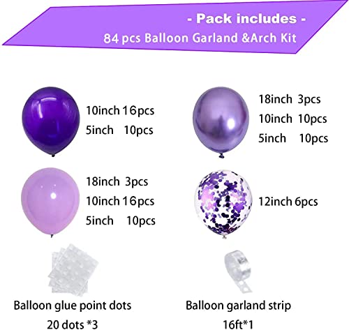 Purple Balloons Garland Arch Kit, Metallic Purple Balloons Arch 18'' 12'' 10'' 5'', Purple Confetti Balloons for Birthday Baby Shower Wedding Graduation Party Decorations for Women Girls Birthday