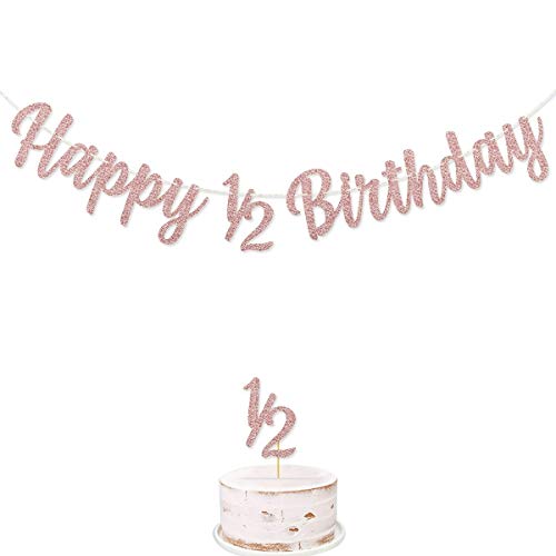 Happy 1/2 Birthday Banner Half Birthday Banner 6 Months Banner Pre-Strung 1/2 Half Year Cake Topper for Baby's 6 Months Half Year Birthday Party Decorations (Rose Gold)