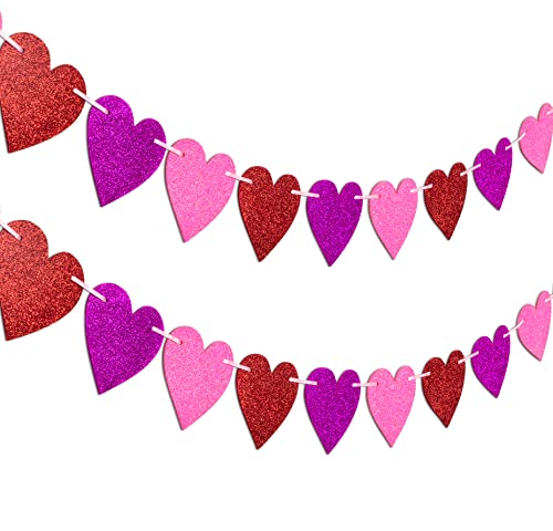 2PCS 27.6Ft Valentines Day Heart Banner - Valentine Glitter Garland Red Pink Rosy Wedding Party Decorations Ornaments