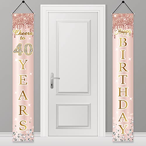 40th Birthday Decorations Door Banner for Women, Pink Rose Gold Cheers to 40 Years Happy Birthday Sign Party Supplies, Sweet Forty Birthday Backdrop Porch Decor