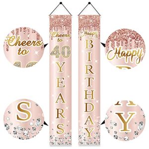 40th Birthday Decorations Door Banner for Women, Pink Rose Gold Cheers to 40 Years Happy Birthday Sign Party Supplies, Sweet Forty Birthday Backdrop Porch Decor