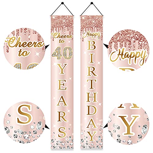 40th Birthday Decorations Door Banner for Women, Pink Rose Gold Cheers to 40 Years Happy Birthday Sign Party Supplies, Sweet Forty Birthday Backdrop Porch Decor