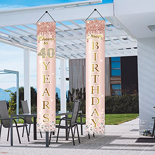 40th Birthday Decorations Door Banner for Women, Pink Rose Gold Cheers to 40 Years Happy Birthday Sign Party Supplies, Sweet Forty Birthday Backdrop Porch Decor