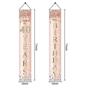 40th Birthday Decorations Door Banner for Women, Pink Rose Gold Cheers to 40 Years Happy Birthday Sign Party Supplies, Sweet Forty Birthday Backdrop Porch Decor