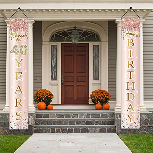 40th Birthday Decorations Door Banner for Women, Pink Rose Gold Cheers to 40 Years Happy Birthday Sign Party Supplies, Sweet Forty Birthday Backdrop Porch Decor