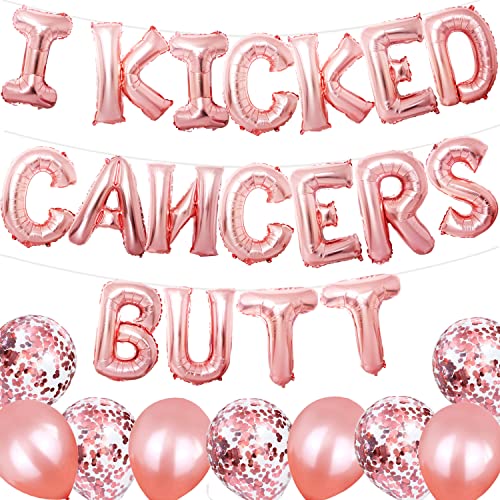 Tihuprly Cancer Survivor Cancer Free Party Decor - Rose Gold - 16" I KICKED CANCERS BUT" Foil Balloon + 5 Confetti Balloons + 5 Latex Balloons - Breast Cancer Free Banner Breast Protection Banner