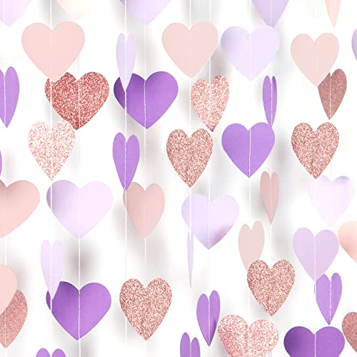 Rose-Gold Pink-Purple Party-Decorations Heart Garland - 52Ft Streamers Baby Shower Decorations Girl Women Birthday Hanging Paper Banner,Valentines Day Wedding Engagement Decor Lasting Surprise