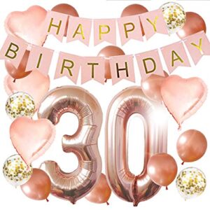 30th birthday decorations for her – birthday decorations: 40 inch 30th gold balloons, pink and gold happy birthday decorations for women, happy birthday banner, confetti balloons, rose gold heart balloons (22 pieces)