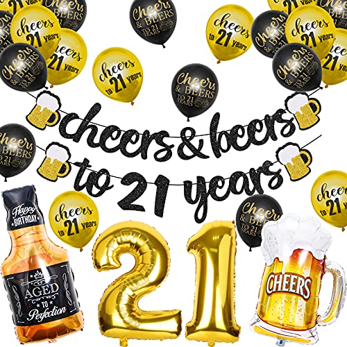 21th Birthday Decorations, 21 Years Anniversary Decorations for Men Women, Cheers to 21 Years Banner, 32 Inch Number 21 Gold Foil Balloon, 21 Sign Latex Balloon, Cheers Cup Foil Balloon