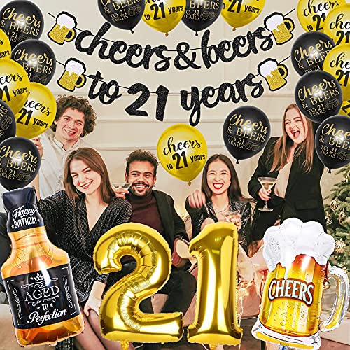 21th Birthday Decorations, 21 Years Anniversary Decorations for Men Women, Cheers to 21 Years Banner, 32 Inch Number 21 Gold Foil Balloon, 21 Sign Latex Balloon, Cheers Cup Foil Balloon