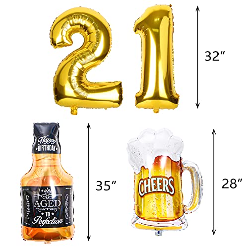 21th Birthday Decorations, 21 Years Anniversary Decorations for Men Women, Cheers to 21 Years Banner, 32 Inch Number 21 Gold Foil Balloon, 21 Sign Latex Balloon, Cheers Cup Foil Balloon