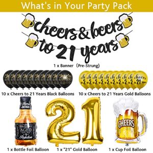 21th Birthday Decorations, 21 Years Anniversary Decorations for Men Women, Cheers to 21 Years Banner, 32 Inch Number 21 Gold Foil Balloon, 21 Sign Latex Balloon, Cheers Cup Foil Balloon