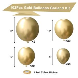 Gold Metallic Chrome Balloon Garland Kit - 102PCS 18In 12In 10In 5In Party Balloon Kit With 33FT Ribbon for Birthday Wedding Graduation Engagement Baby Shower Party Decorations