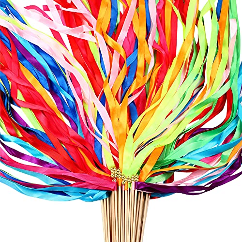 50 Pieces Ribbon Sticks Wedding Streamers Chromatic Streamers Silk Fairy Sticks for Party, Birthday, Celebration and Holiday (Colorful)