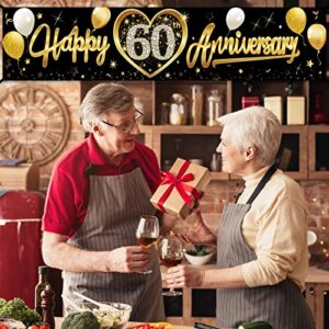 Kauayurk Happy 60th Wedding Anniversary Banner Decorations, Black Gold 60th Anniversary Sign Party Supplies, 60th Wedding Anniversary Decor Photo Booth for Outdoor Indoor