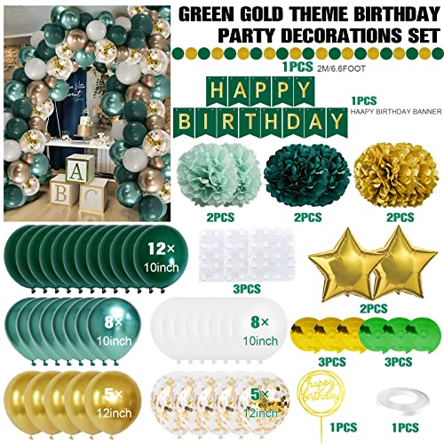 Green Gold Party Decorations Men Women 55PCS Retro Dark Green Gold Balloons Garland Kit Tissue Pom Poms Flowers Happy Birthday Banner Metal and Sequin Balloons Swirl Streamers for Retire Baby Shower