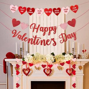 Happy Valentines Day Banner, Red & Pink Heart Garland Valentines Day Garland Conversation Hearts Decorations for Valentines Day Decor, Wedding Engagement Anniversary Party Home Fireplace Decorations