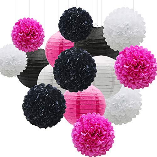 15pcs Hanging Party Decorations Set, Hot Pink White Black Paper Flowers Pom Poms Balls and Paper Lanterns for Minnie Mouse Theme Birthday Baby Shower Bachelorette Party