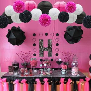 15pcs Hanging Party Decorations Set, Hot Pink White Black Paper Flowers Pom Poms Balls and Paper Lanterns for Minnie Mouse Theme Birthday Baby Shower Bachelorette Party