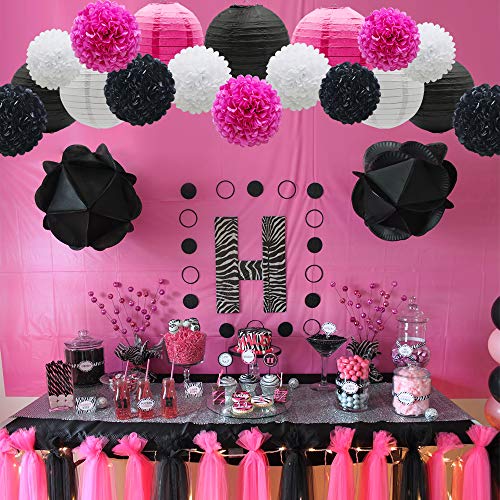 15pcs Hanging Party Decorations Set, Hot Pink White Black Paper Flowers Pom Poms Balls and Paper Lanterns for Minnie Mouse Theme Birthday Baby Shower Bachelorette Party