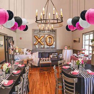 15pcs Hanging Party Decorations Set, Hot Pink White Black Paper Flowers Pom Poms Balls and Paper Lanterns for Minnie Mouse Theme Birthday Baby Shower Bachelorette Party