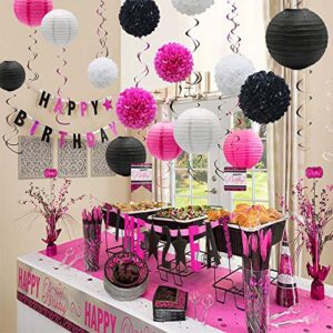 15pcs Hanging Party Decorations Set, Hot Pink White Black Paper Flowers Pom Poms Balls and Paper Lanterns for Minnie Mouse Theme Birthday Baby Shower Bachelorette Party