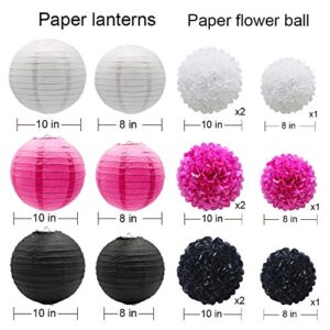 15pcs Hanging Party Decorations Set, Hot Pink White Black Paper Flowers Pom Poms Balls and Paper Lanterns for Minnie Mouse Theme Birthday Baby Shower Bachelorette Party