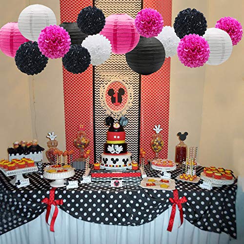 15pcs Hanging Party Decorations Set, Hot Pink White Black Paper Flowers Pom Poms Balls and Paper Lanterns for Minnie Mouse Theme Birthday Baby Shower Bachelorette Party