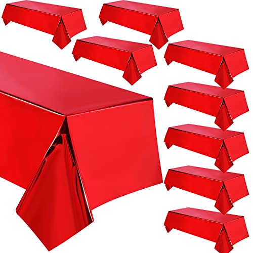 8 Pcs Plastic Red Foil Tablecloth 39 x 108 Inch Metallic Red Table Cloths for Parties Waterproof Tinsel Shiny Red Table Cover for Birthday Wedding Party Anniversary Christmas