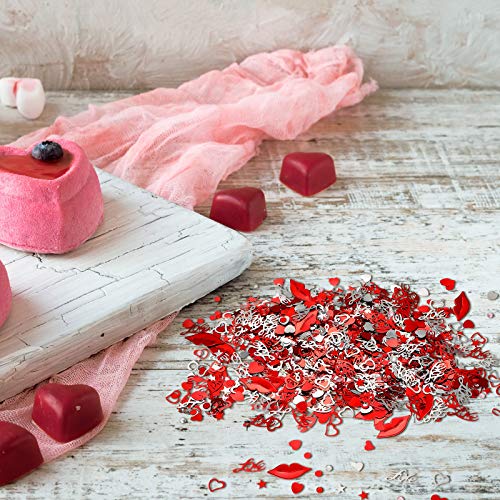 3000 Pieces Heart Confetti Valentine's Day Wedding Anniversary Party Table Scatter Confetti Decoration Metallic Foil Red Silver Red Lip Love Letter Confetti Glitter Heart Sequin for Valentine's Day