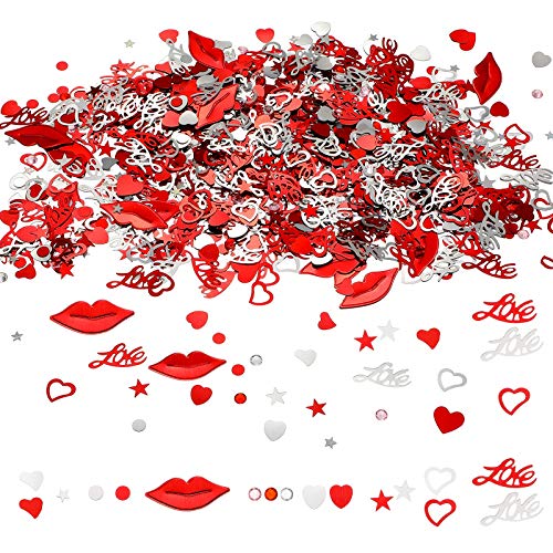 3000 Pieces Heart Confetti Valentine's Day Wedding Anniversary Party Table Scatter Confetti Decoration Metallic Foil Red Silver Red Lip Love Letter Confetti Glitter Heart Sequin for Valentine's Day