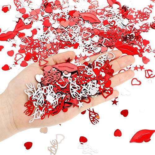 3000 Pieces Heart Confetti Valentine's Day Wedding Anniversary Party Table Scatter Confetti Decoration Metallic Foil Red Silver Red Lip Love Letter Confetti Glitter Heart Sequin for Valentine's Day