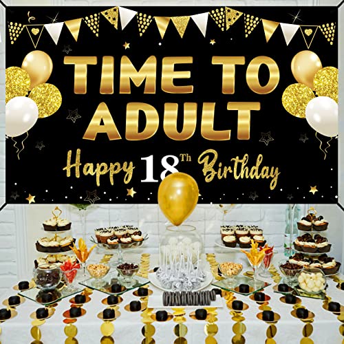 Large 18th Birthday Banner Decorations for Boys Girls, Black Gold Time to Adult Happy 18th Bday Backdrop Sign Party Supplies, Eighteen Birthday Poster Photo Booth Props Background Decor