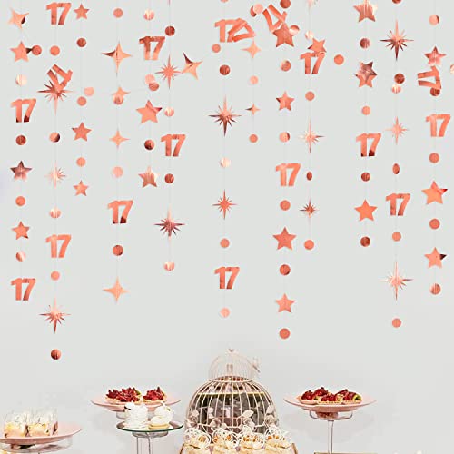 Rose Gold 17th Birthday Decorations Number 17 Circle Dot Star Garland Streamer Bunting Banner Backdrop for Girls Seventeen Year Old Birthday 17 and Fabulous Happy 17th Anniversary Party Supplies