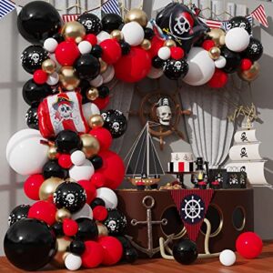 120pcs pirate balloon garland kit, red black white skull metallic gold balloons arch for pirate ship theme sea sailing graduation halloween baby shower boys birthday party decoration supplies