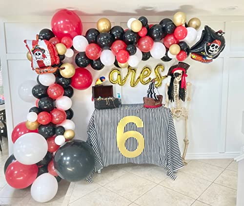 120pcs Pirate Balloon Garland Kit, Red Black White Skull Metallic Gold Balloons Arch for Pirate Ship Theme Sea Sailing Graduation Halloween Baby Shower Boys Birthday Party Decoration Supplies