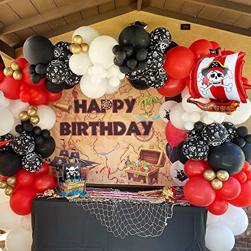 120pcs Pirate Balloon Garland Kit, Red Black White Skull Metallic Gold Balloons Arch for Pirate Ship Theme Sea Sailing Graduation Halloween Baby Shower Boys Birthday Party Decoration Supplies