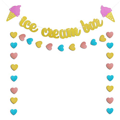 Gold Glittery Ice Cream Bar & Ice Cream Sign Banner and Pink, Blue, Gold Heart Paper Garland Birthday Party Ice Cream Theme Party Summer Theme Party Baby Shower Wedding Decorations Cute Photo Prop