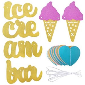 Gold Glittery Ice Cream Bar & Ice Cream Sign Banner and Pink, Blue, Gold Heart Paper Garland Birthday Party Ice Cream Theme Party Summer Theme Party Baby Shower Wedding Decorations Cute Photo Prop