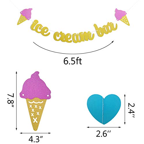 Gold Glittery Ice Cream Bar & Ice Cream Sign Banner and Pink, Blue, Gold Heart Paper Garland Birthday Party Ice Cream Theme Party Summer Theme Party Baby Shower Wedding Decorations Cute Photo Prop