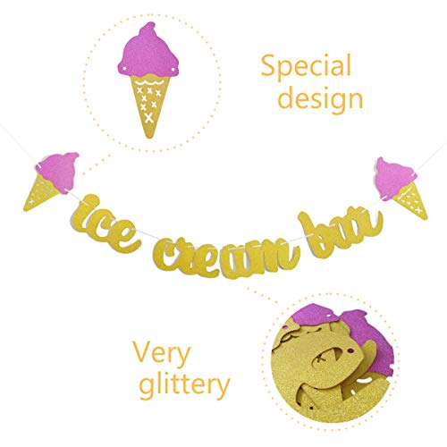 Gold Glittery Ice Cream Bar & Ice Cream Sign Banner and Pink, Blue, Gold Heart Paper Garland Birthday Party Ice Cream Theme Party Summer Theme Party Baby Shower Wedding Decorations Cute Photo Prop