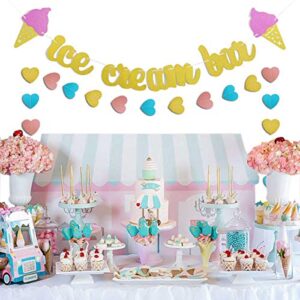 Gold Glittery Ice Cream Bar & Ice Cream Sign Banner and Pink, Blue, Gold Heart Paper Garland Birthday Party Ice Cream Theme Party Summer Theme Party Baby Shower Wedding Decorations Cute Photo Prop