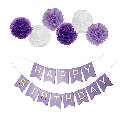 Guzon Purple Happy Birthday Bunting Banner,10 Inch Tissue Paper Pom Poms Flowers,Perfect Party Decoration Supplies for Birthday