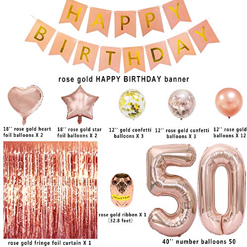 50th Birthday Decorations for Women Rose Gold Happy 50th Birthday Banner 50 Balloon Number 50th Birthday Party Decorations