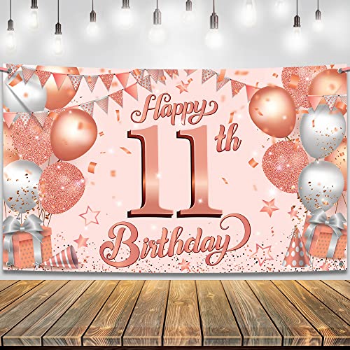 KatchOn, Happy 11th Birthday Backdrop - 72 x 44 Inch | Rose Gold Happy 11th Birthday Banner | 11th Birthday Decorations for Girls, 11th Birthday Party Decorations | 11th Birthday Backdrop for Girls