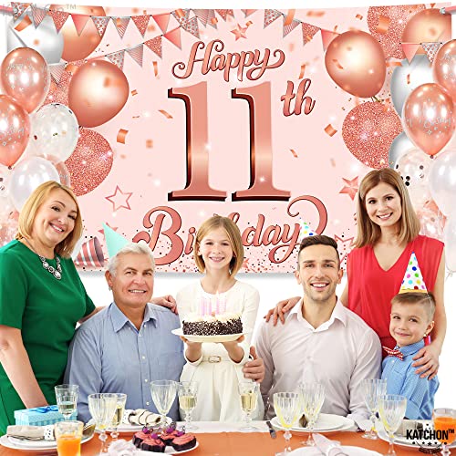 KatchOn, Happy 11th Birthday Backdrop - 72 x 44 Inch | Rose Gold Happy 11th Birthday Banner | 11th Birthday Decorations for Girls, 11th Birthday Party Decorations | 11th Birthday Backdrop for Girls