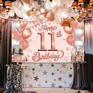 KatchOn, Happy 11th Birthday Backdrop - 72 x 44 Inch | Rose Gold Happy 11th Birthday Banner | 11th Birthday Decorations for Girls, 11th Birthday Party Decorations | 11th Birthday Backdrop for Girls